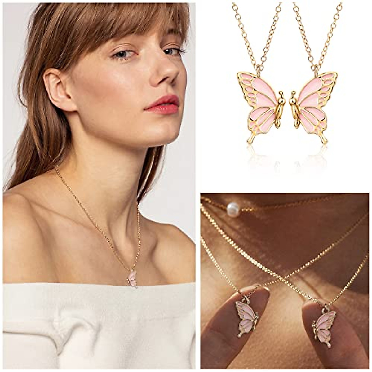 LASPERAL Butterfly Friendship Necklace BFF Necklaces for 2 Girls Best Friend Matching Necklaces Set with 4 Adjustable Woven Bracelets, Long Distance BFF Necklace Charm Friendship Jewelry for Womens