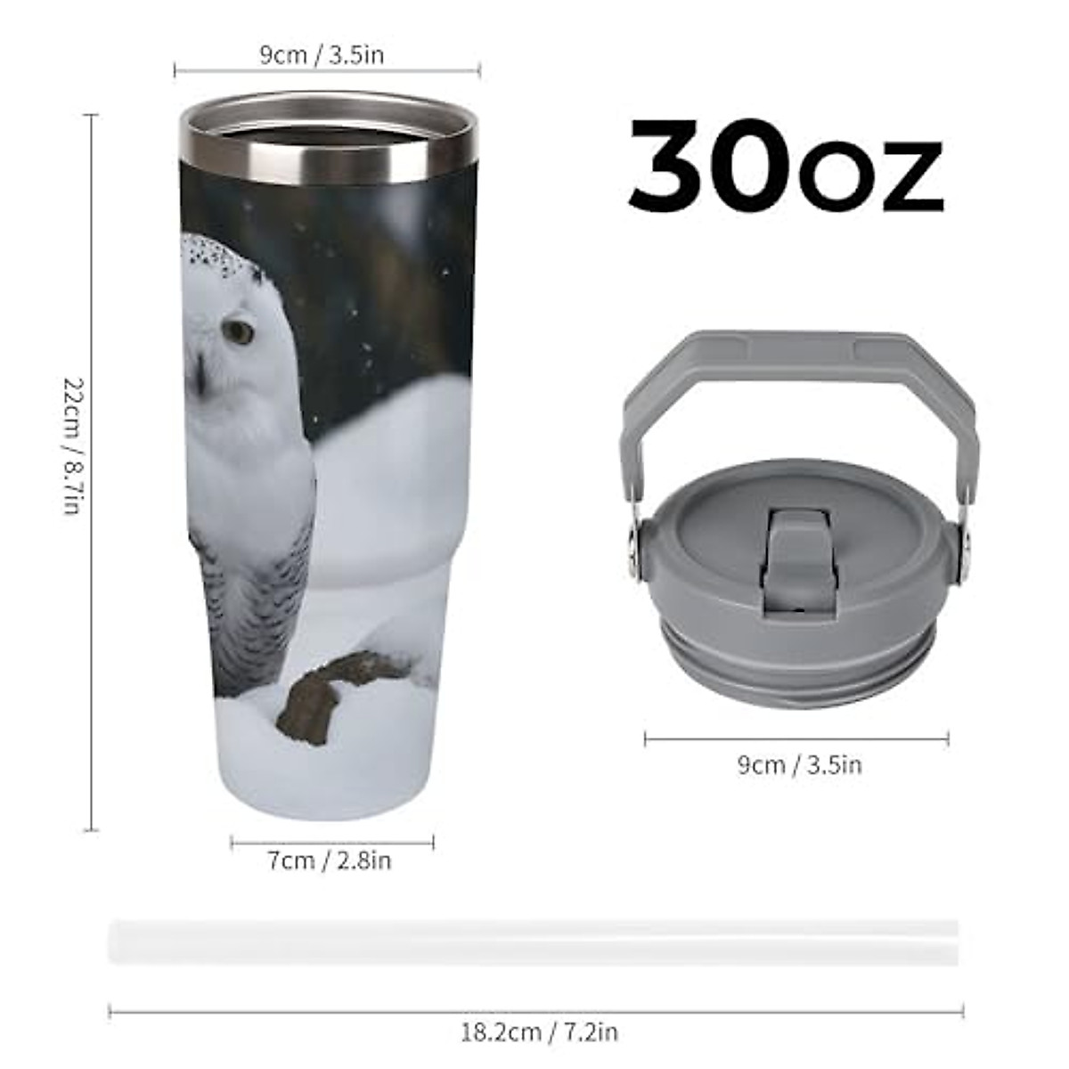 BWQJKUO Large Capacity Car Cup 30 Oz Stainless Steel Snow Owl Printed Travel Mug Leak-proof Flip Straw Tumbler with Handle,keeps Cold Or Ho
