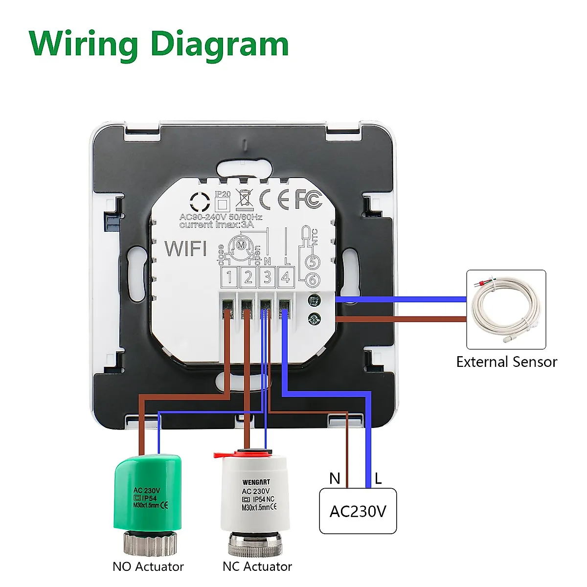 Wengart WiFi Smart Thermostat WG02B05,Heat Only 2.4GHz Wi-Fi APP TUYA for Radiant Floor Heating,Compatible with Alexa Echo/Google Home,AC90-240V Max3A White Backlight