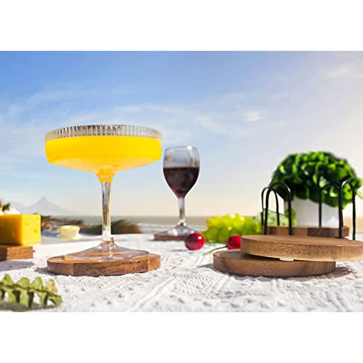 Wood Coasters for Drinks Tabletop Protection with Holder Set of 6, Acacia Wooden Coasters for Coffee Table Desk Round with Non-Slip Pad Cup Coasters for Home Office Christmas Decor 4 Inch