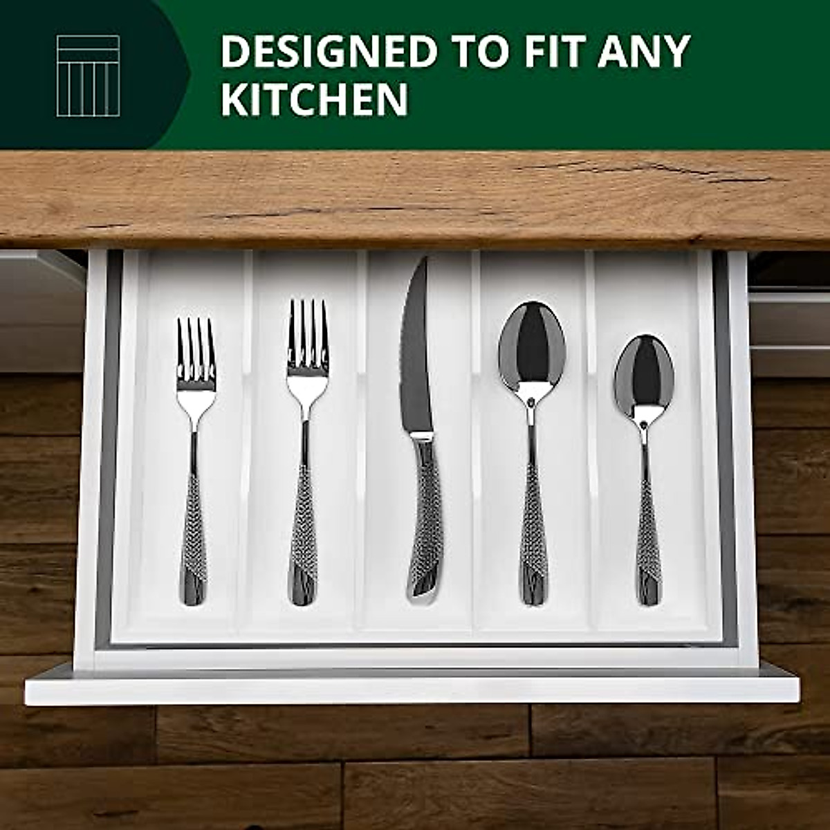 ROYAL CRAFT WOOD Luxury Bamboo Caddy Kitchen Drawer and Silverware Organizer, Utensil Holder and Cutlery Tray with Grooved Drawer Dividers for Flatware 7 Slot, White