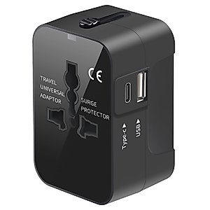 Travel Adapter, Worldwide All in One Universal Travel Adaptor AC Power Plug Adapter Wall Charger with USB-C and USB-A Charging Ports for USA EU UK AUS Black