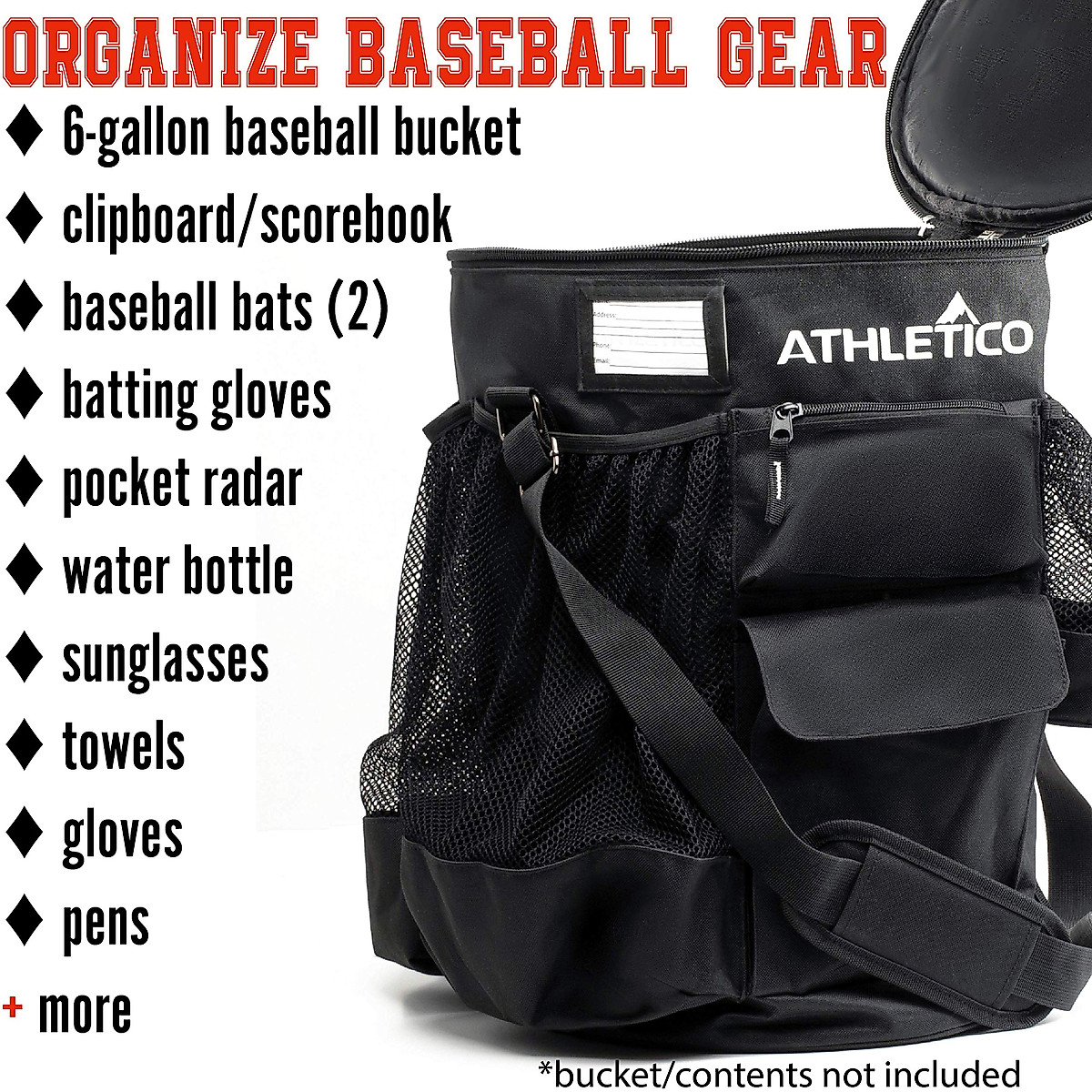 Athletico Baseball Bucket Cover Organizer - Baseball Bucket Bag With Padded Seat (Black)