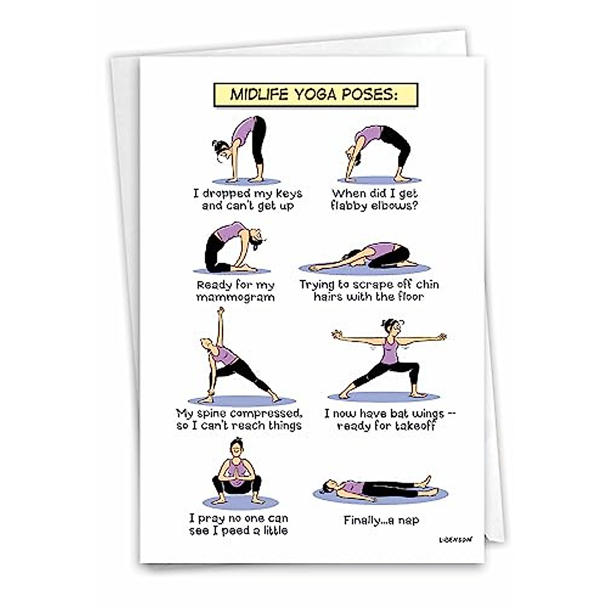 NobleWorks - 1 Funny Women's Birthday Card with Envelope - Cartoon Humor, Stationery Bday Celebration Card for Wife, Women - Midlife Yoga Poses C7312BDG