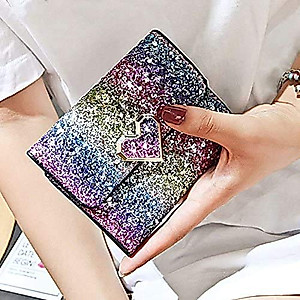 Bestmaple Multicolor Metal Sequins Small Wallet PU Leather Patchwork Hasp Mini Wallet for Women Girls Money Wallet Card Coins Bag(Heart button)