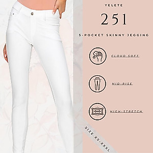 YELETE Women's Basic Five Pocket Stretch Jegging Tights Pants, White, Medium