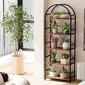 Arbuxzuy 5-Tier Bookshelf, 24 Inch Width Industrial Arched Bookcase, Vintage Storage Rack with Open Shelves, Free Standing Shelf for Home Office, Living Room,Bedroom, Rustic Brown