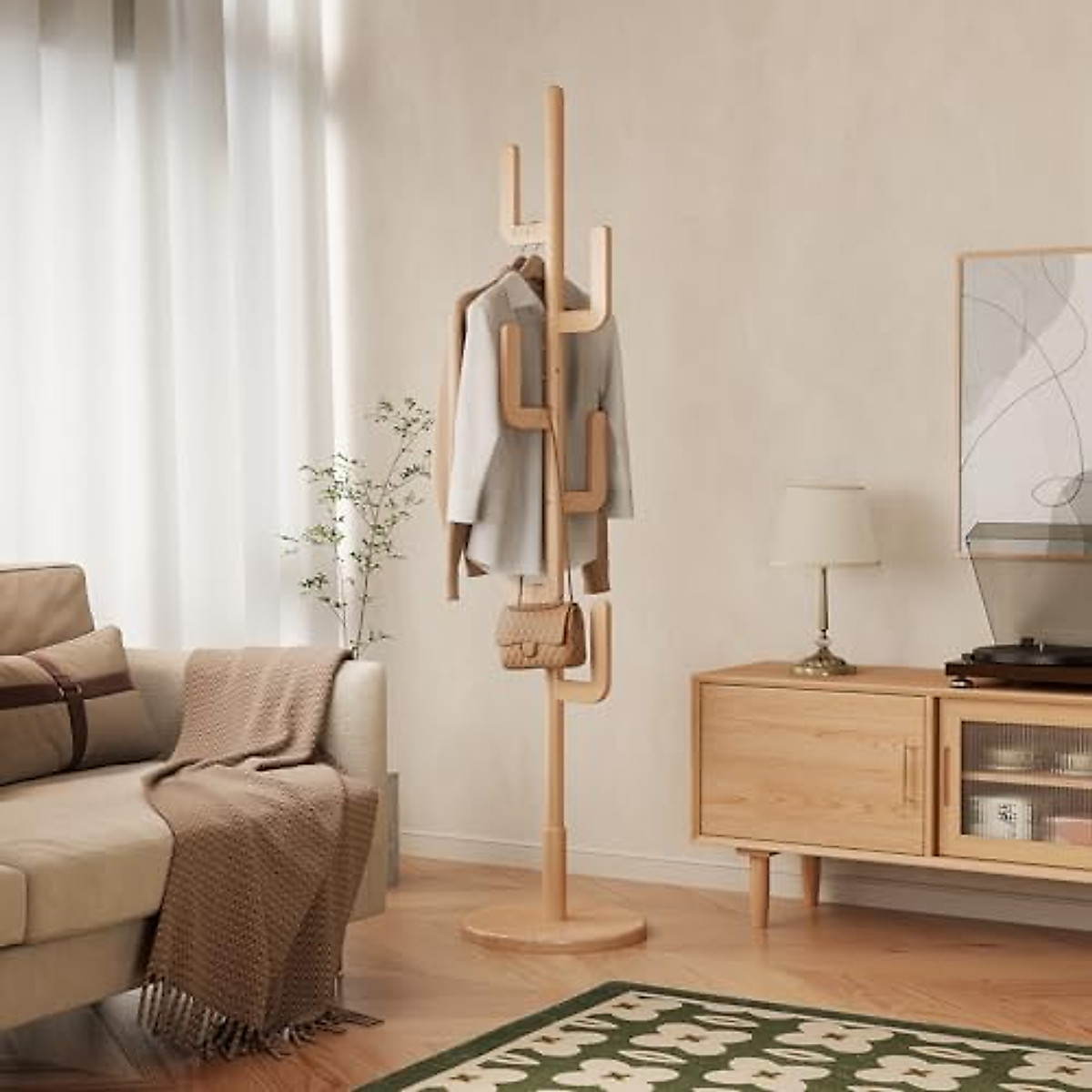 KungFuWood Coat Rack, Solid Wood Cactus Coat Rack Stand, Freestanding Coat Rack with 6 L-shaped Hooks and 3 Adjustable Sizes, Sturdy and Easy to Assemble Coat Tree for Entryway, Bedroom (Natural)