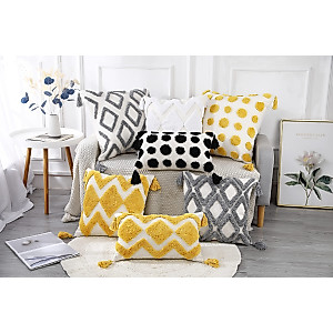 PANOD Super Soft Farmhouse Decorative Plush Throw Pillow Covers 12 x 20 Black,Solid Pom pom Tufted with Tassels Modern Accent Boho Lumbar Cushion Cover Pillow Case for Couch Sofa