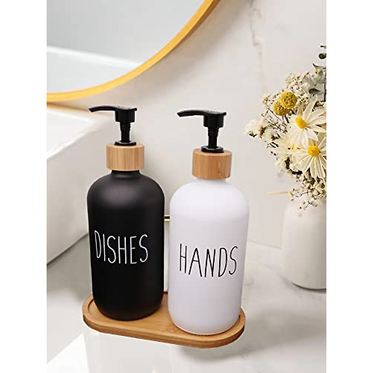 VICUKIE Dish Soap Dispenser, Contains Glass Hand Soap Dispenser and Dish Soap Dispenser, Kitchen Soap Dispenser Set, Matte Black and White, Farmhouse Kitchen Decor，Newly Updated (Black and White)