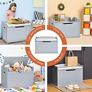 Costzon Kids Wooden Toy Chest, Wide Toy Box Storage Chest with Bench Seat, Toy Storage Trunk Case with Finger-Pinch Prevention, Lift-Top Foot Rest Seat for Toddler Bedroom Playroom Entry (Grey)