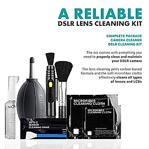 Movo Deluxe Essentials DSLR Camera Cleaning Kit with 10 APS-C Cleaning Swabs, Sensor Cleaning Fluid, Rocket Air Blower, Lens Pen, Soft Brush, 2X Small and 2X Large Microfiber Cloths and Carrying Case