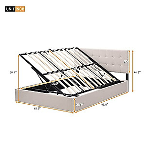 Contemporary Linen Upholstered Platform Bed Mattress Foundation w/Button Tufted Headboard&Slats for Adult,Low Panel Bedframe w/Gas Lift up Storage Space&Wooden Slats,No Box Spring Needed (Beige,Queen)