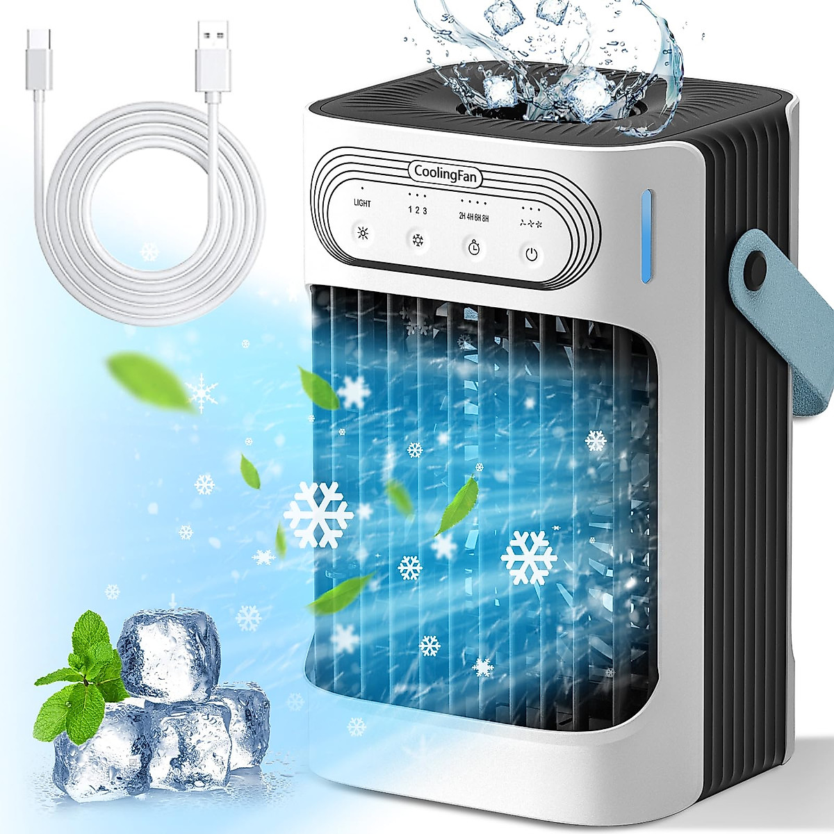 charmega Portable Air Conditioners,Portable AC 3in1 Mini Air Conditioner 900ML Evaporative Air Cooler with 3 Cool Mist,3 Wind Speed,7 LED Lights,2-8H Timer AC Portable for Room,Office,Bedroom