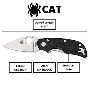 Spyderco Cat Value Knife with 2.50" CTS BD1N Stainless Steel and Durable Black G-10 Handle - PlainEdge - C129GP