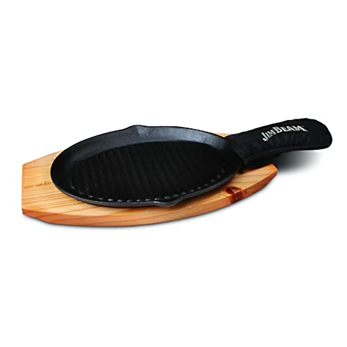 Jim Beam JB0159, Heavy Duty Construction, Pre Seasoned Cast Iron Skillet with Wooden Base and Mitt, Black,Small