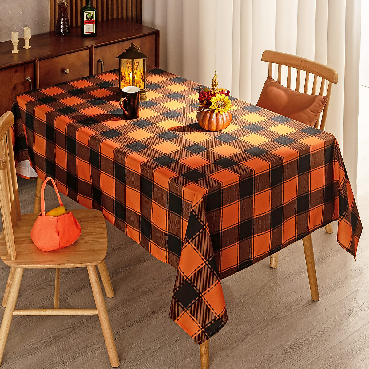 MikiUp Checkered Rectangle Fall Tablecloth - Waterproof, Wrinkle Resistant and Washable Gingham Table Cloth Decorative Table Cover for Party, 160GSM Orange/Black 60 x 84 Inch