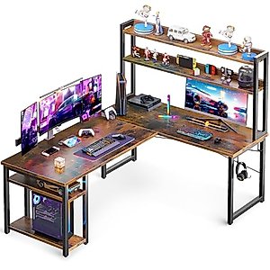 ODK 59 Inch L Shaped Gaming Desk with Hutch, Computer Desk with Storage Shelves, L Shaped Desk for Home Office, Corner Desk with Headphone Hook, Vintage