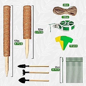 Moss Pole for Plants 90 inches Pack of 6 - Moss Pole for Climbing Plants Monstera 16.5 and 11.8 inches - Totem Pole Plant Supports with Gardening Accessories - Plant Poles for Potted Plants Indoor
