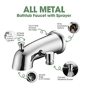RAINREVIVE All Metal Tub Spout with Diverter for Hand Held Shower, Fits for Threaded 1/2" or 3/4" IPS, Bathtub Faucet with Shower Diverter Universal Tub Diverter Spout, Chrome