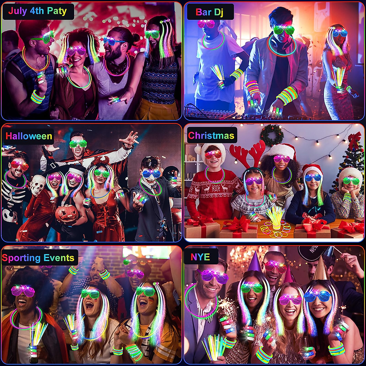 SHQDD158 PCS Glow in the Dark Party Supplies,14PCS LED Glasses, 30LED Finger Lights, 14LED Light Hairs and 100PCS Glow Sticks Bracelets, New year Party Favors for New Year, Wedding, Concert,Neon Party