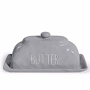 Barnyard Designs Ceramic Butter Dish with Lid for Countertop, Large Butter Holder, Butter Crock for Counter, Covered Butter Dish for Refrigerator, Farmhouse Dishes Kitchen Decor, Grey, 8" x 4"