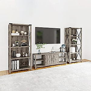 AMERLIFE Industrial Farmhous 68" TV Stand for TVs up to 70" & Set of 2 Industrial Metal X Back Bookshelf, 64", Rustic Wash Grey