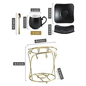 LYEOBOH Espresso Cups with Saucers Set, 3 Ounces Porcelain Coffee Cups with Metal Stand and Spoons,Cappuccino Cups Cute Demitasse Cups for Coffee Drinks, Latte, Tea Set of 6, Black