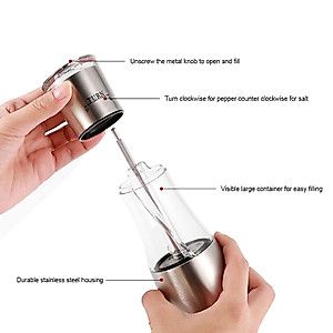 Salt and Pepper Grinder Set, Refillable Stainless Steel Combo Shakers With Adjustable Coarse Mills, 2 in 1 Manual Stainless Steel Salt Pepper Mill Herb Spice Grinder