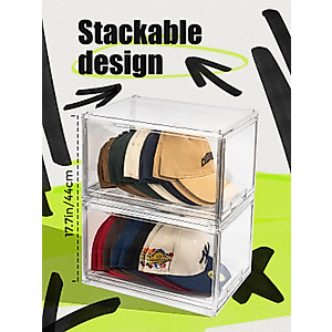 SCAVATA 2 Pack Hat Organizers, Stackable Clear Baseball Caps Holder Box Containers With Drawers for Hats Snapback Cap Storage, Hat Rack Display Case -Clear
