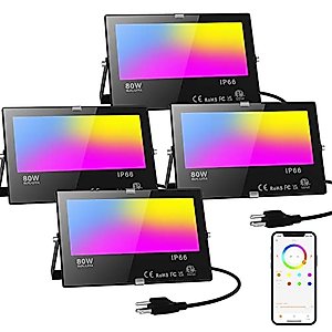 LED Flood Light Outdoor 800W Equivalent 8000LM, Smart RGB Color Changing Landscape Lighting with APP Control, IP66 Waterproof Daylight 5700K 23 Modes Floodlights Wall Light for Garden Stage 4 Pack