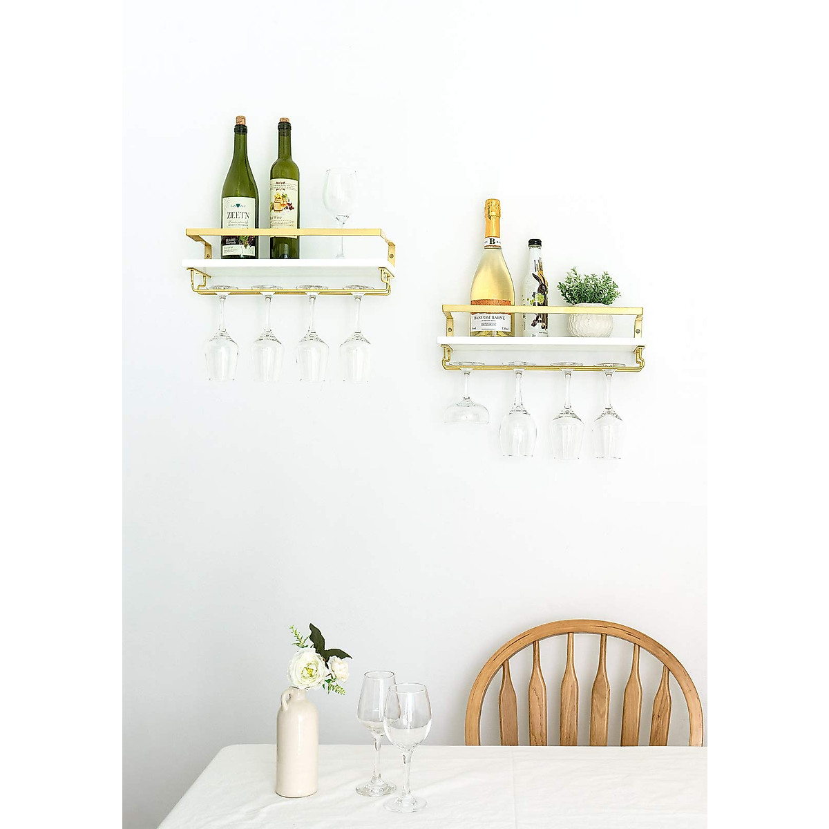 Mkono Wall Mounted Wine Rack Set of 2 White Wood Wine Bottle Glass Holder Floating Shelves with Stemware Hanger Modern Plants Photos Wine Display Storage Holder for Kitchen Dining Room Bar, 17 Inch