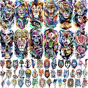 VANTATY 55 Sheets 3D Watercolor Temporary Tattoos For Women Men Adults Arm, Tiger Lion Skull Skeleton Fake Tattoos That Look Real And Long Lasting Colorful Halloween Wolf Rose Flower Temp Tattoo Stickers For Kids Teens
