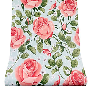 Yifasy Shelf Liner Pink Rose Self-Adhesive Drawer Paper Furniture Sticker Wall Decor Flowers 118x17.7 Inch