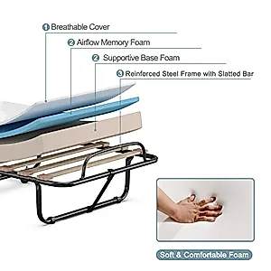 Giantex Folding Bed with 3" Mattress for Adults, Made in Italy, Rolling Foldaway Guest Bed, Memory Foam Mattress, Sturdy Metal Frame, Cot Size Portable Foldable Hideaway Bed, Easy to Store (Blue)