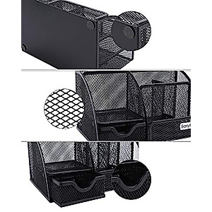 EasyPAG Desk Organizer Mesh Desktop Office Supplies Multi-functional Caddy Pen Holder Stationery with 6 Compartments and 1 Drawer for Office, Home, School, Classroom, Black