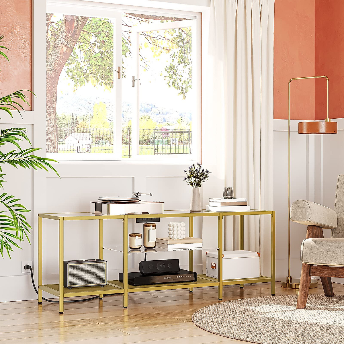 HOOBRO TV Stand with LED Lights and Power Outlets for TVs up to 65", Modern 55 Inch Tempered Glass TV Console Table with Open Shelves, Media Entertainment Center for Living Room, Gold GD145UDS01