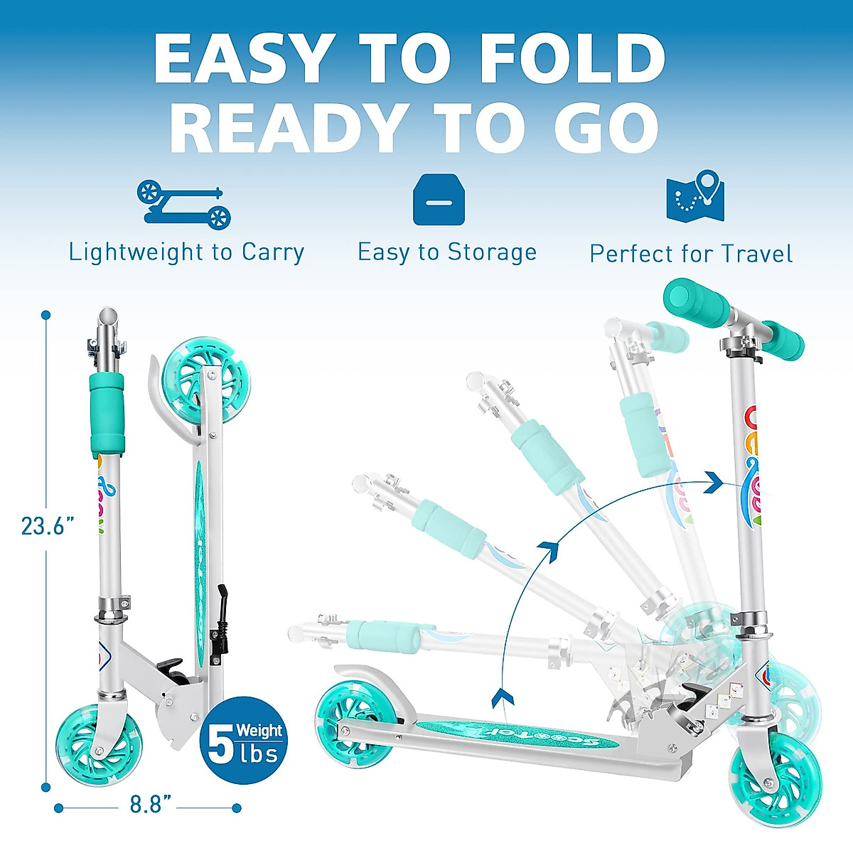 BELEEV V1 Scooters for Kids, 2 Wheel Folding Kick Scooter for Girls Boys, 3 Adjustable Height, Light Up Wheels, Lightweight Push Scooter with Kickstand for Children Ages 3-12 (Aqua)