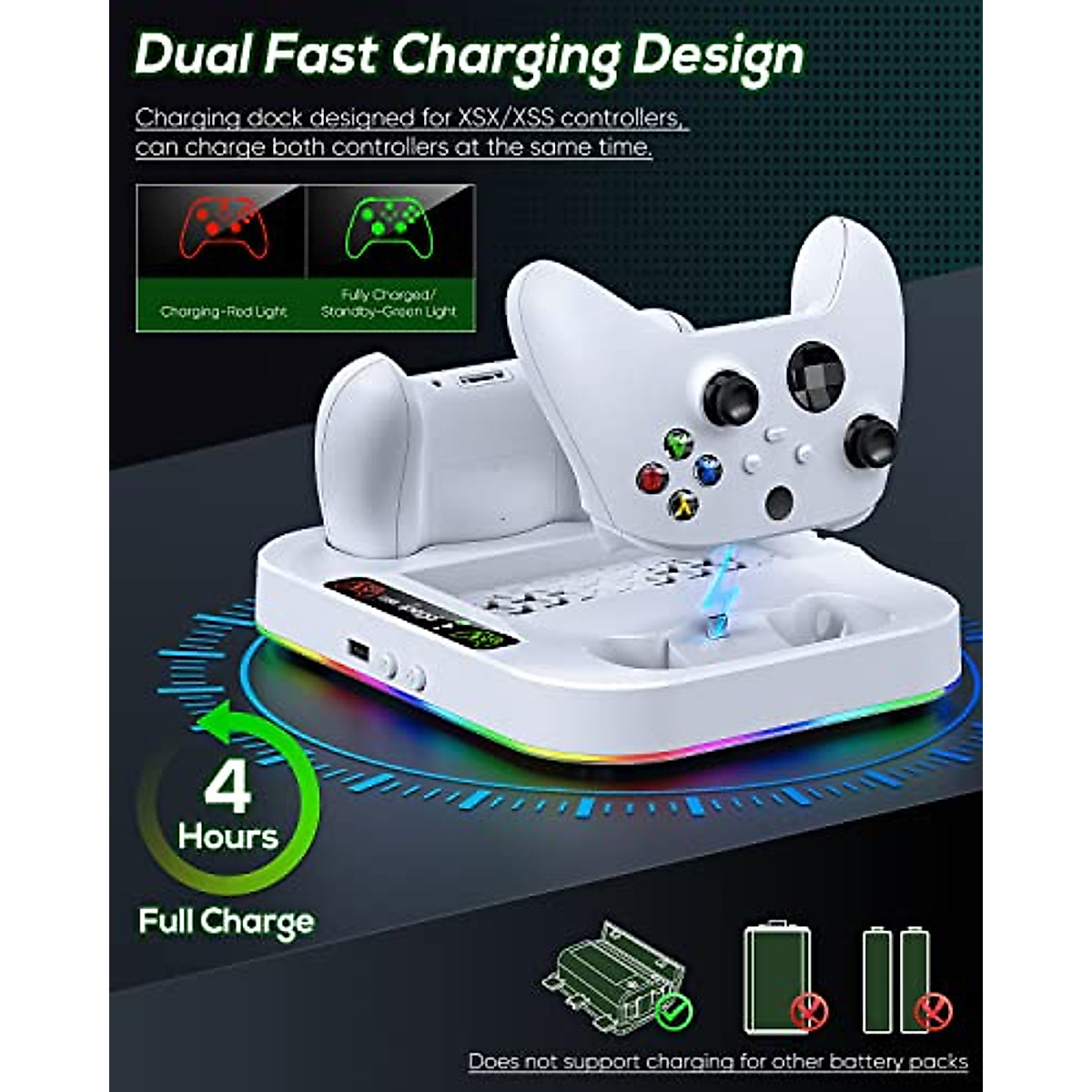Cooling Fan Stand & RGB Light Strip for Xbox Series S,Dual Charger Station with 2 X 1400mAH Rechargeable Battery Pack,Charging Dock Accessories for XSS with 15 RGB Light Modes,USB2.0 Port for Sync