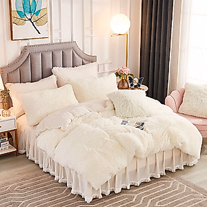JAUXIO Luxury Long Faux Fur 3 PCS Bedding Set Shaggy Comforter Duvet Cover with Pillow Shams Ultra Soft Crystal Velvet Reverse (Queen, Cream)