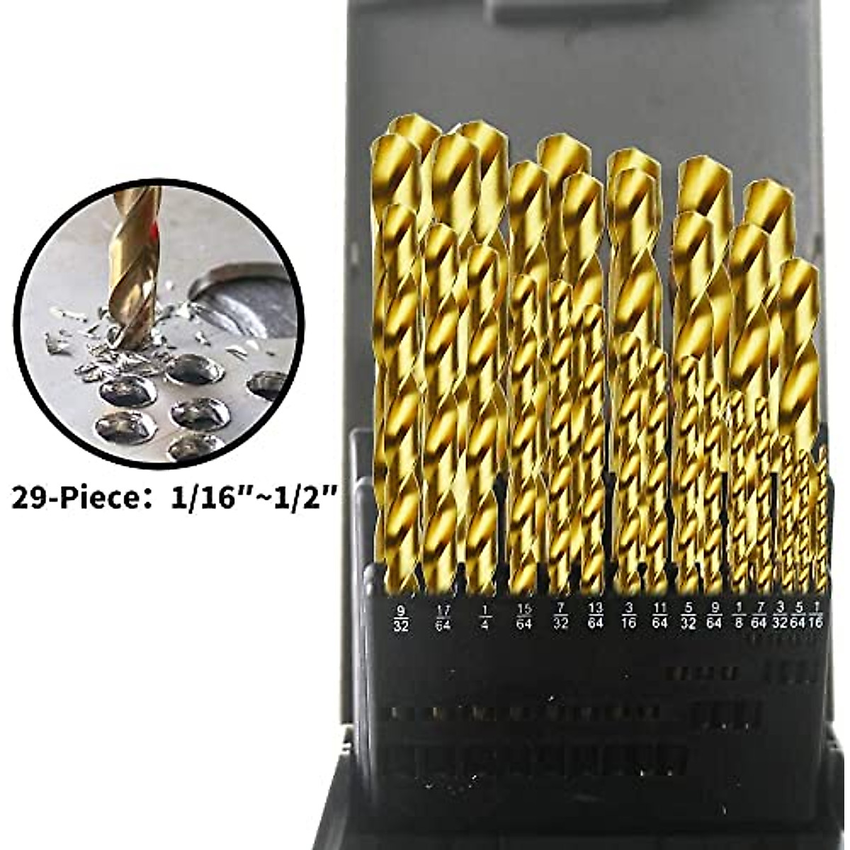 Monster & Master Titanium-Plated Drill Bit Set, High-Speed Steel Gold Drill Bits with 135-Degree Bifurcated Tip, 1/16"to 1/2", Long Twisted Metal Jobber Bit, 29-Piece