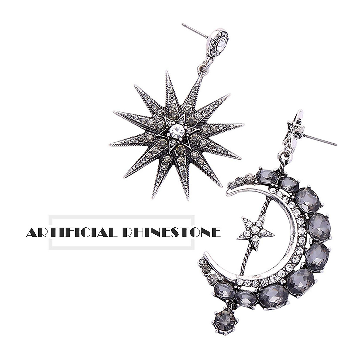 Moon and Sun Earring,Sterling Silver with Rhinestone Punk Earring Asymmetric Ear Line Long Earrings for Women Teen Jewelry Golden Boho Vintage Statement Earrings