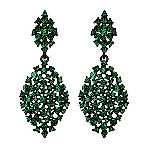 Flyonce Women's Austrian Crystal Party Hollow-out Teardrop Pierced Dangle Earrings Green Black-Tone