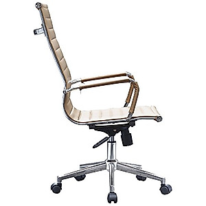 2xhome Modern Office Desk Chairs High Back Ribbed PU Leather Conference Task Armchairs with Swivel Tilt & Adjustable Height, Tan