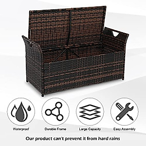 VINGLI 40 Gallon Outdoor Storage Bench with Cushion, Rattan Storage Box, Patio Wicker Deck Box with Seat for Garden | Balcony | Porch | Pool | Yard (Brown Frame + Beige Cushion)