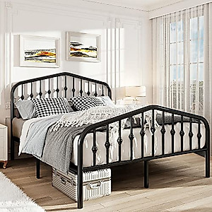Allewie Queen Size Platform Metal Bed Frame with Chic Headboard and Footboard, Modern Design with Storage Space, Easy Assembly, Black