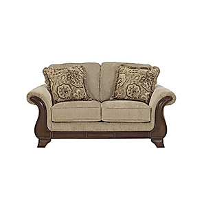 Signature Design by Ashley Lanett Traditional Faux Wood Detail Loveseat with 2 Accent Pillows, Beige