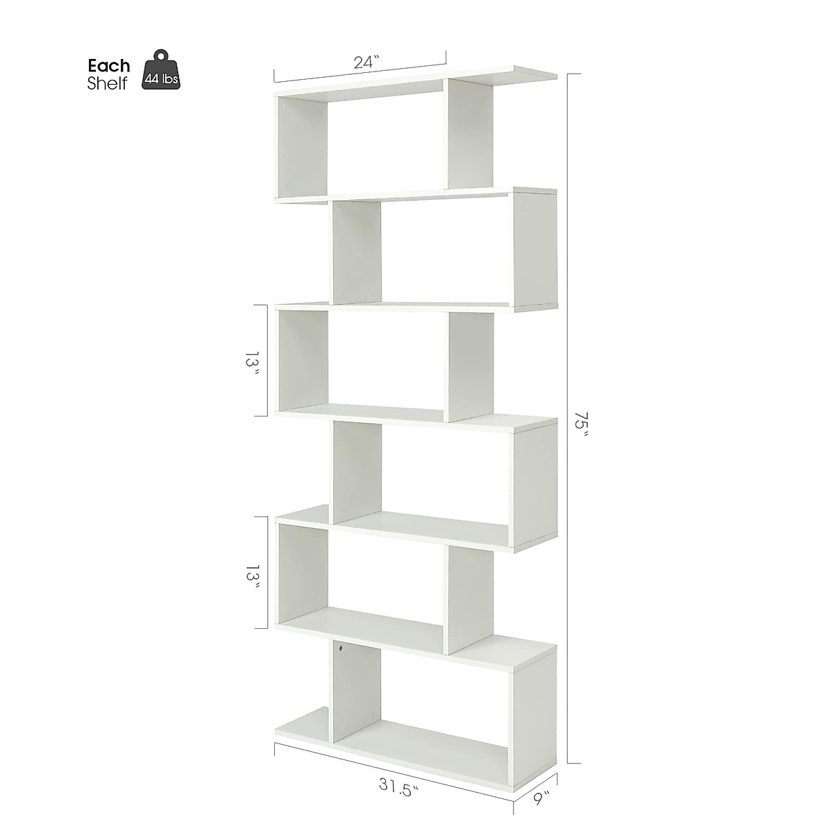 Giantex Geometric Bookcase White, S-Shaped Wooden Bookshelf, 6-Tier Modern Freestanding Decorative Storage Display Shelves for Bedroom, Living Room