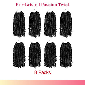 The BOHOBABE Crochet Passion Twist Hair Pretwisted 10 Inch Short Pre-looped Passion Twist Crochet Braiding Hair 8 Packs Natural Black Women Crochet Braids (1B)