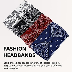 Huachi Bnanda Headbands for Women Black Paisley Printed Head Wraps Wide Summer Boho Head Bands for Women's Hair Thick Hairbands African Knotted Non Slip Turban Yoga Girls Hair Accessories, 4 Packs